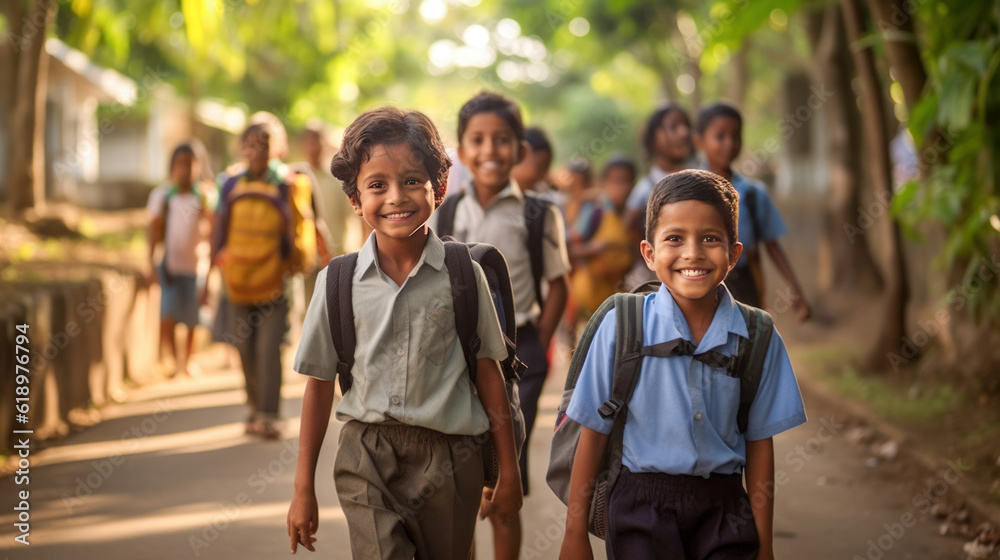 Group of happy little indian kids with backpacks looking at camera ...