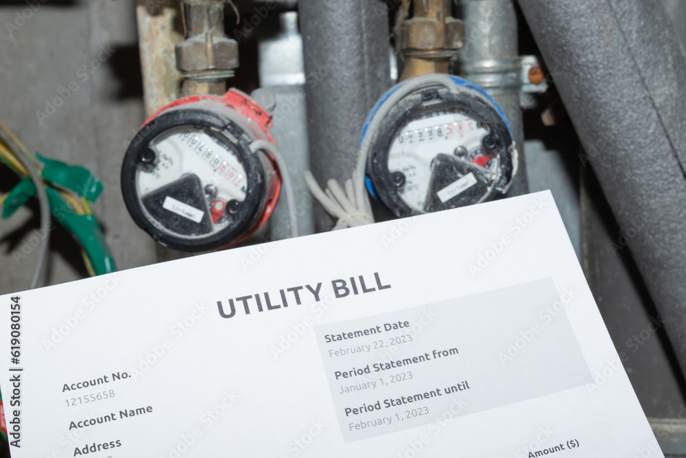 water bill, utility receipt and water meters, Price details on utility ...