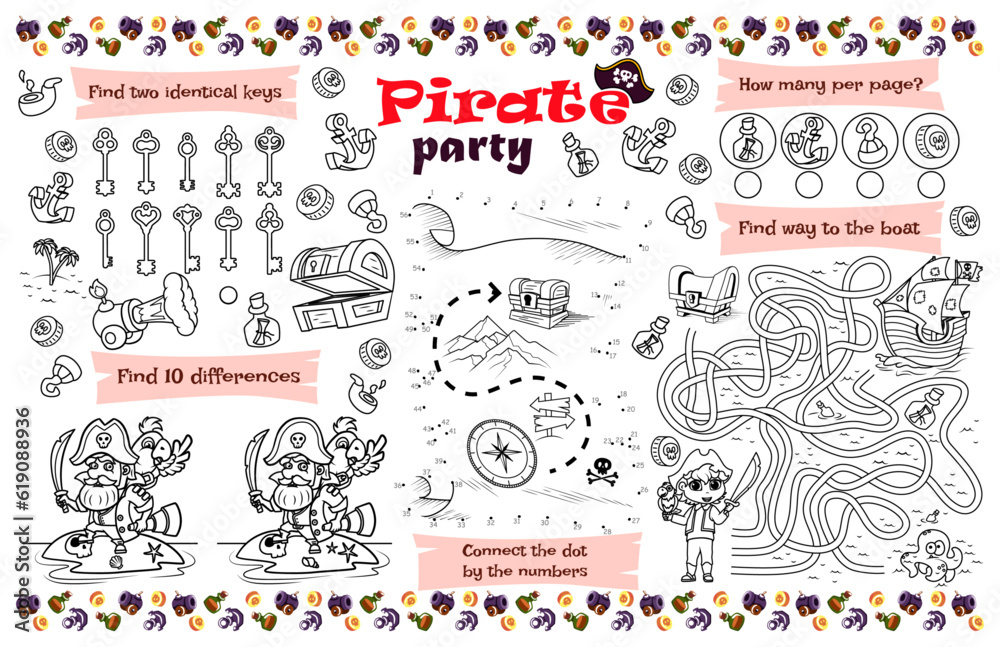 Festive placemat for children. Printable activity sheet "Pirate party ...