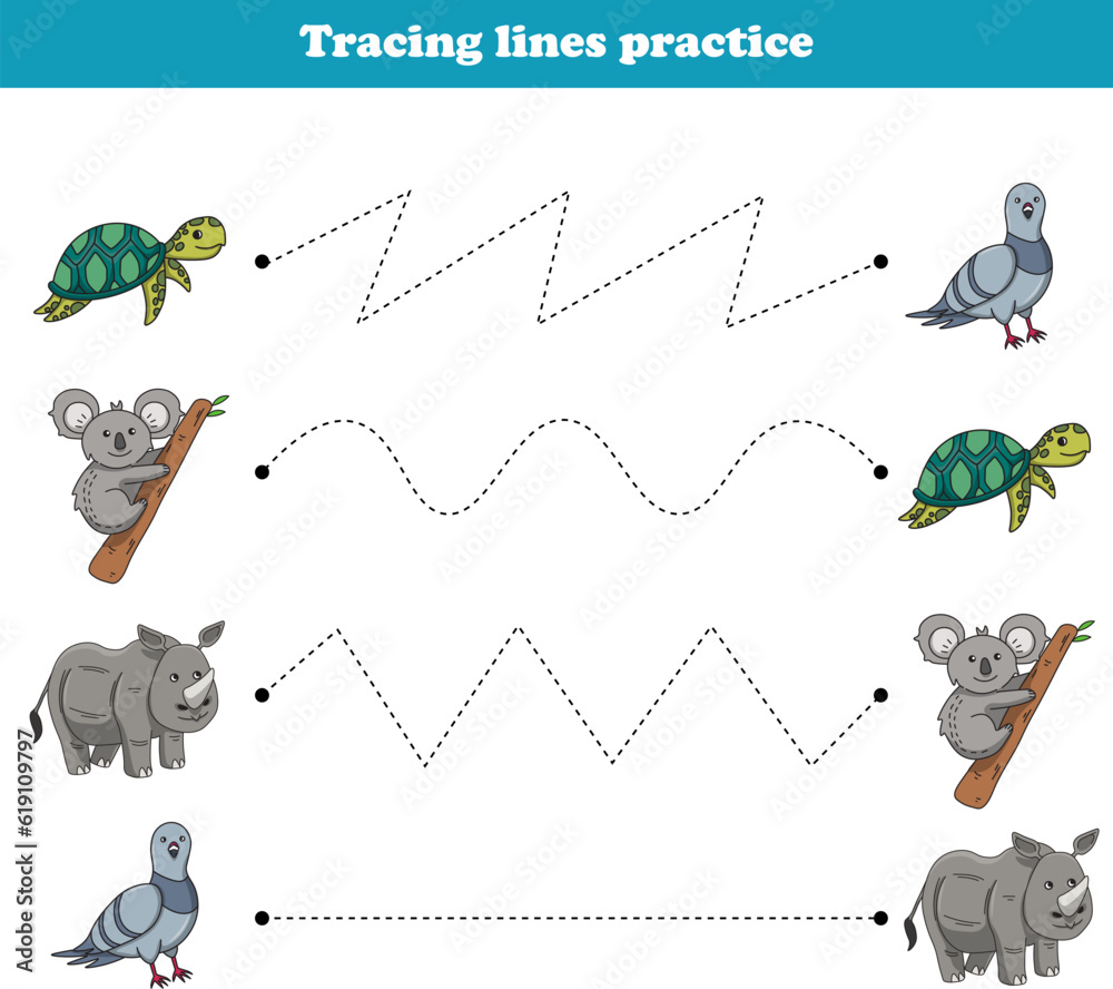 Tracing Lines turtle koala rhino dove. Educational games. Worksheet ...