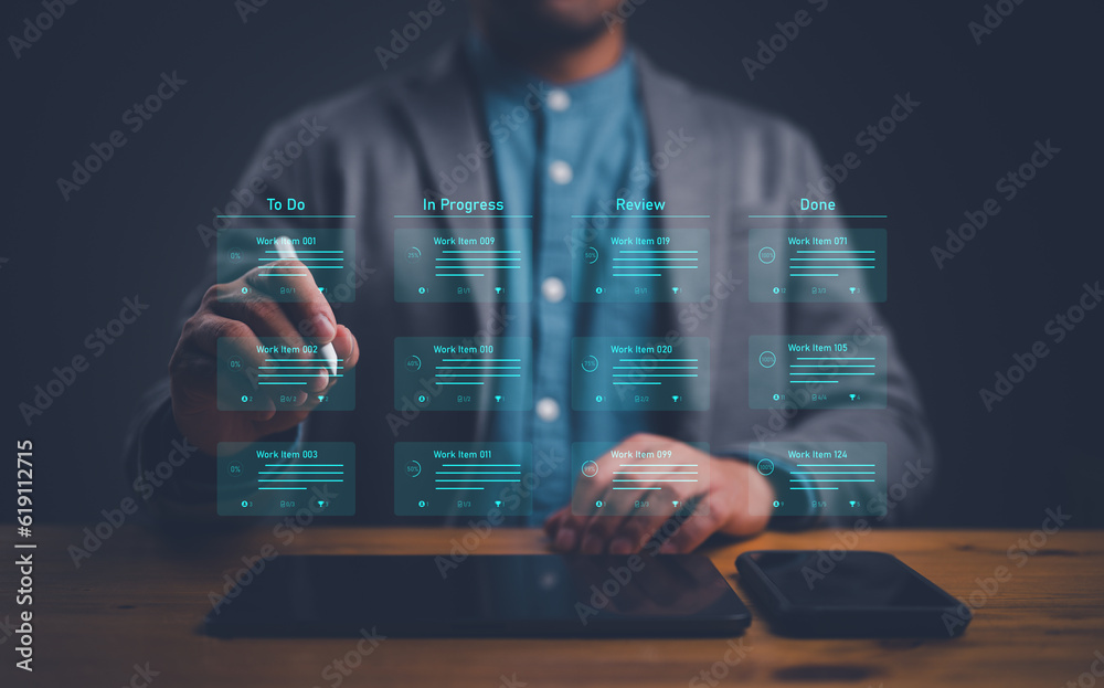 Agile software development or project management using kanban or scrum methodology boards on ...