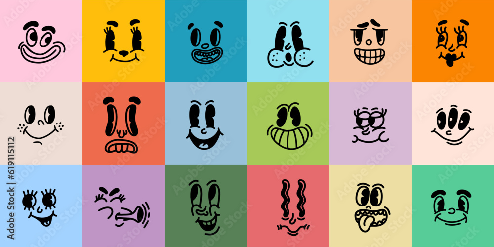 เวกเตอร์ Stock Big set retro cartoon characters funny faces in 30s, 50s mascot style. Part of ...