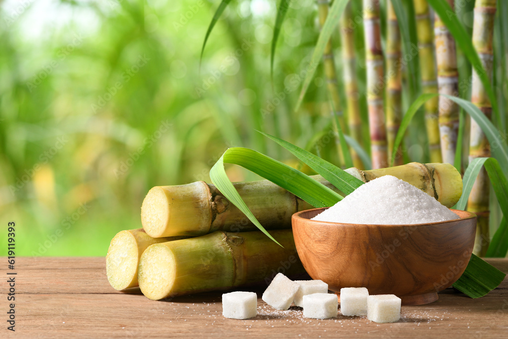 Foto de Stock Brown sugar with fresh sugar cane on wooden table with ...