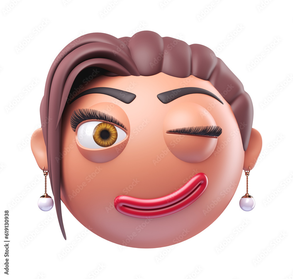 Emoji winking face of glamour woman. Cartoon smiley on transparent ...