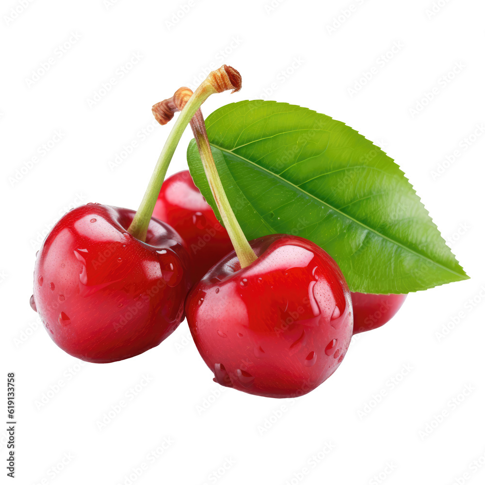 Delicious cherries with green leaf isolated on transparent background ...
