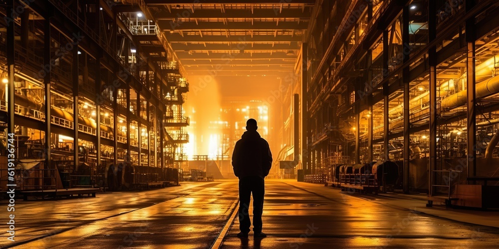 Rear view of a person overseeing a vast factory floor, their silhouette ...