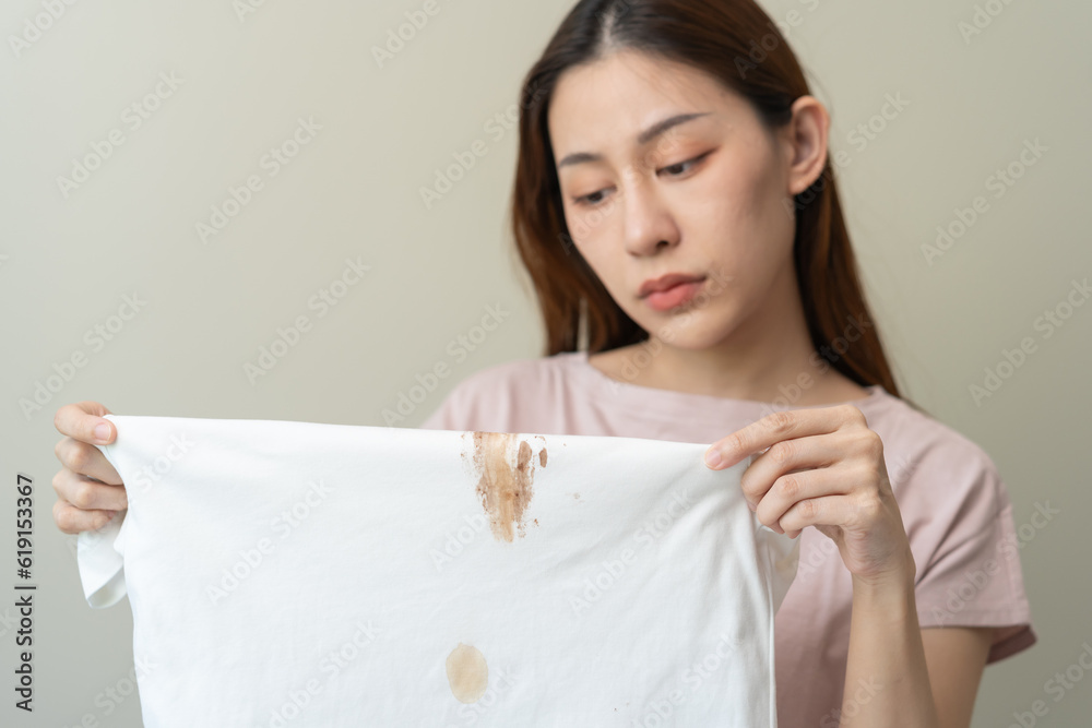dirty food mark on clothes, Close-up food stain dirt on the shirt ...
