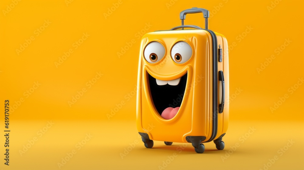 Excited yellow baggage running in an empty space, isolated on a ...