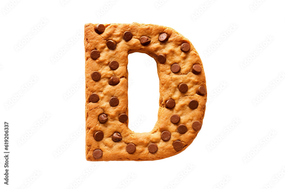 Uppercase letter D with chocolate chips and crunchy cookie texture ...