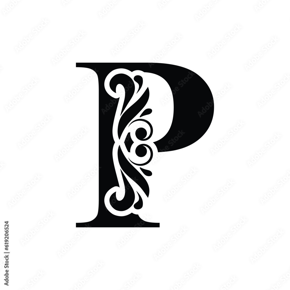capital letter P. Black flower alphabet. Beautiful capital letters with ...