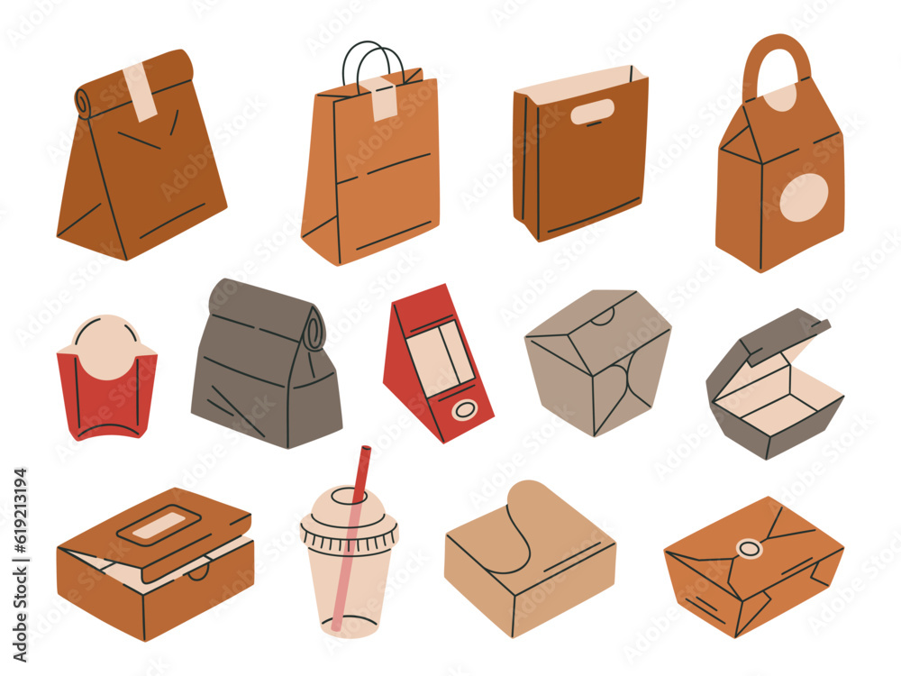 Takeaway food packaging. Paper or cardboard food delivery containers ...