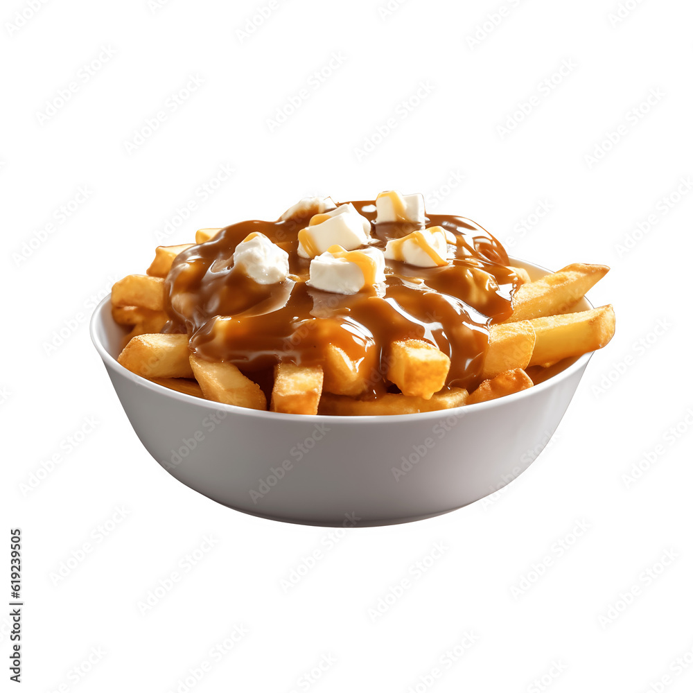 Poutine french fries and cheese curds topped with a brown gravy on ...