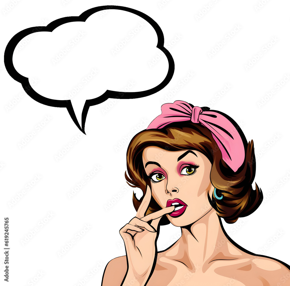 Glamourous young woman with her fingers to her lips thinking. Blank ...