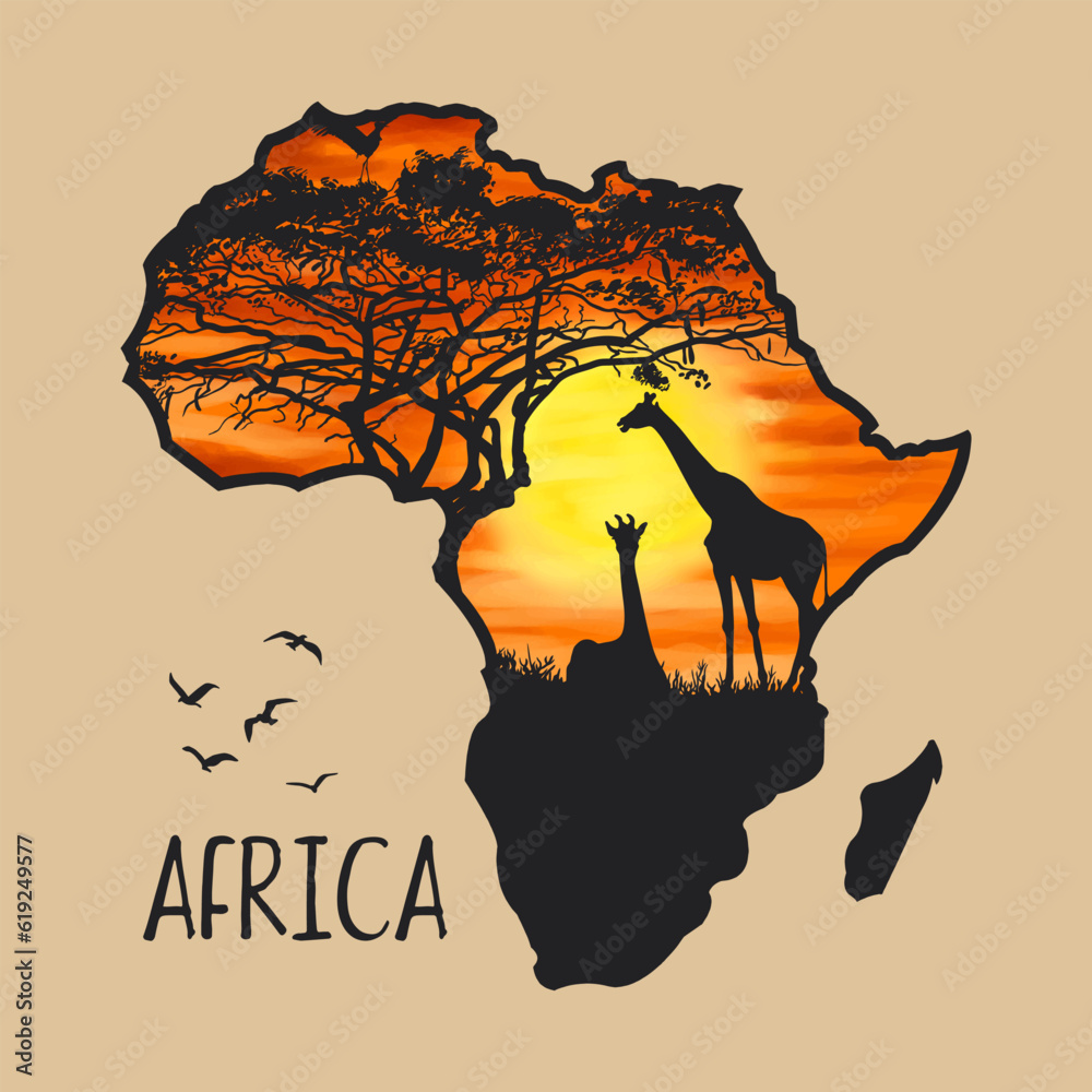 Africa map silhouette with illustration of forest and animals. Vector ...