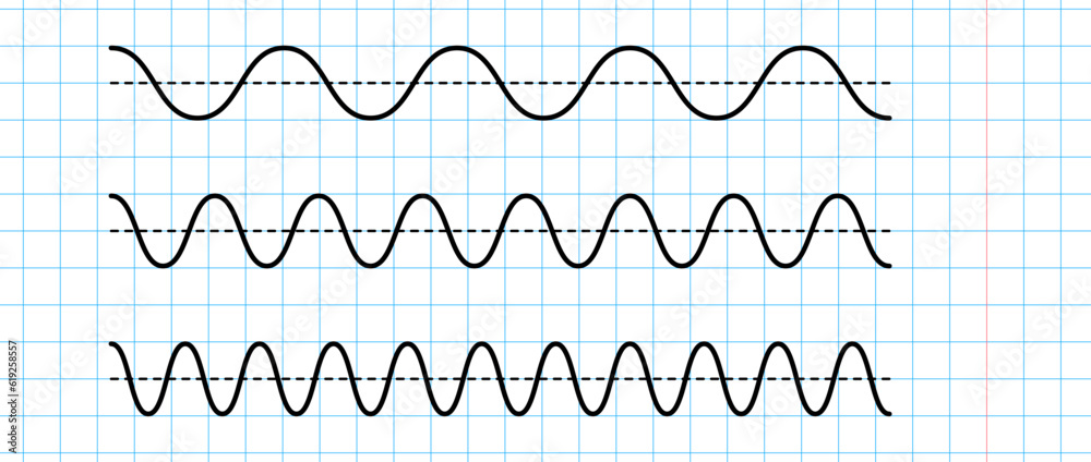 Sinusoid signals set on blue grid paper. Black curve sound wave on ...