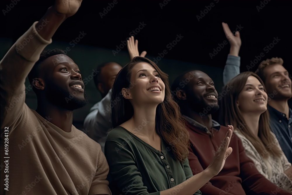 Active diverse multiracial male female audience. Side profile view ...