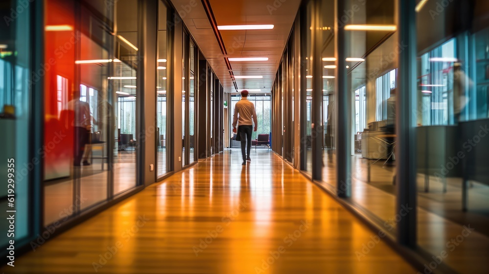 Man Walking on Long empty modern office corridor with bright white ...