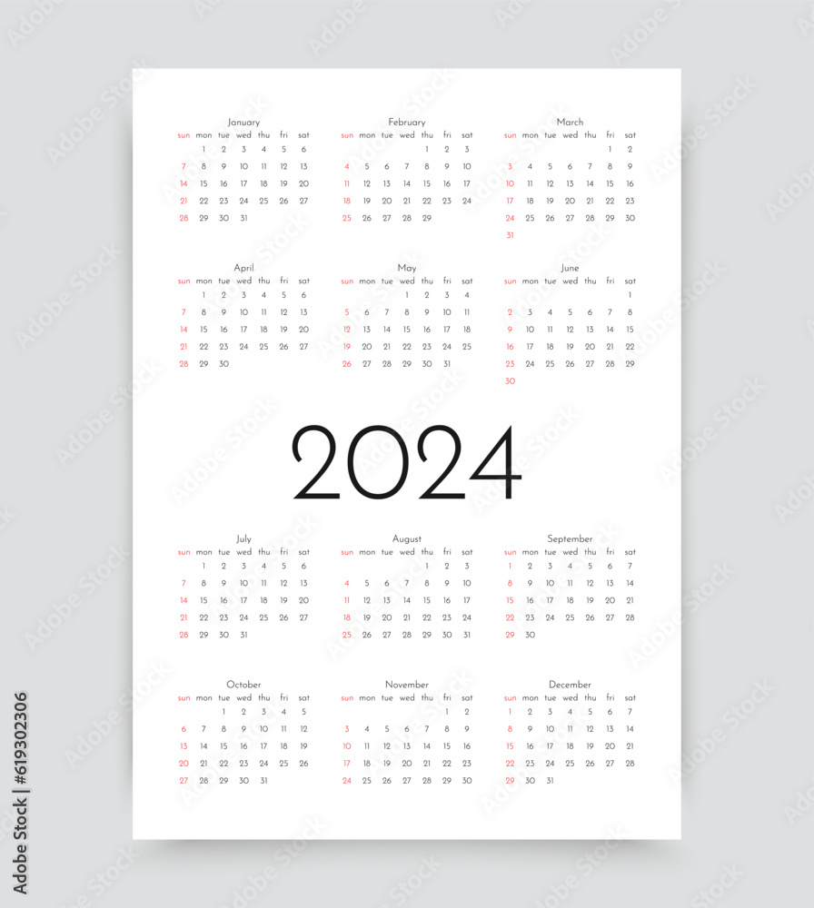 2024 сalendar. Calender template for year. Week starts Sunday. Pocket ...