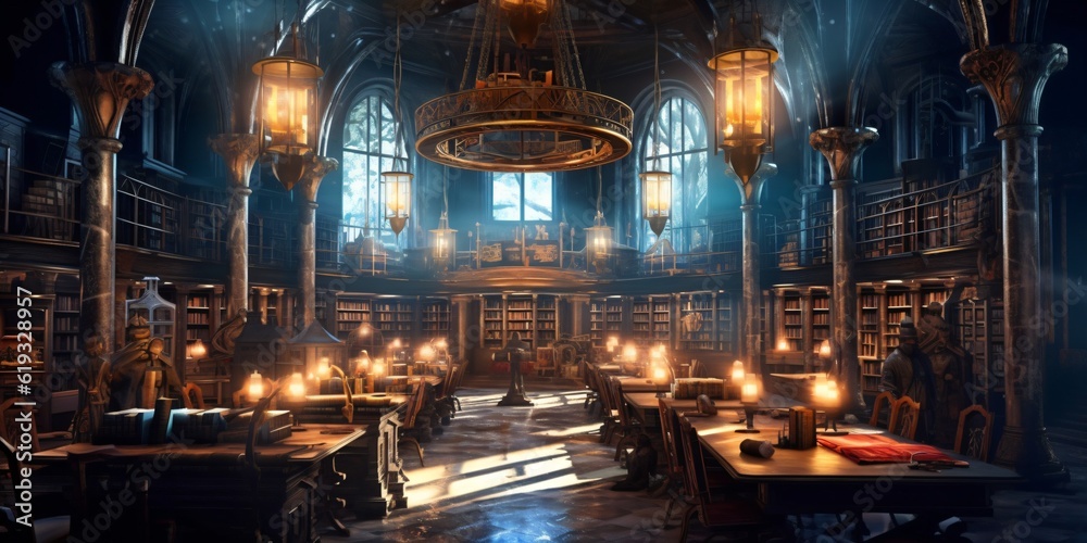 medieval library, gothic reading room interior with desks, old ...