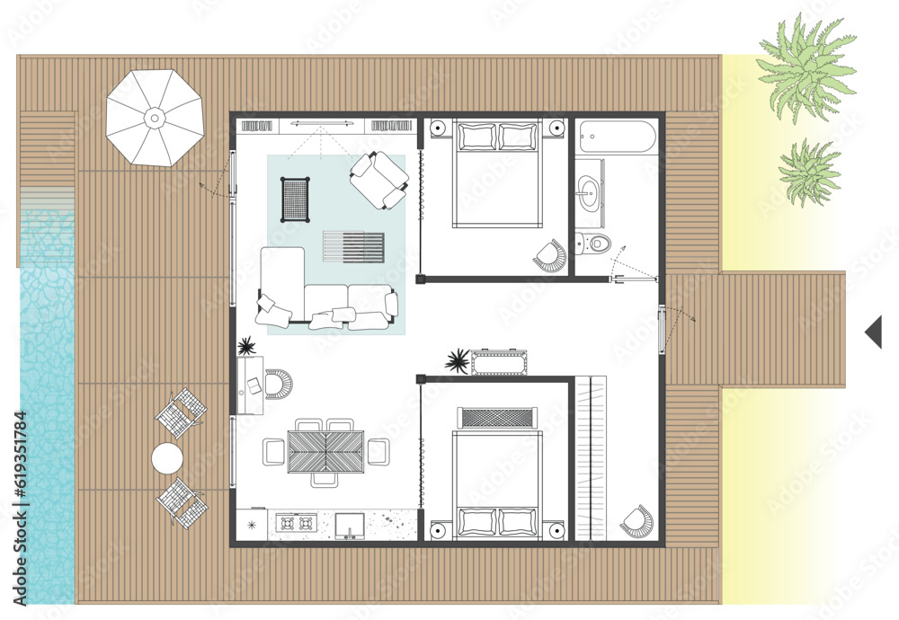 Floor plan of a country villa with furniture in top view. Architectural ...