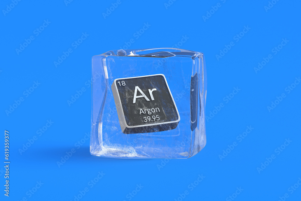 Argon Ar chemical element of periodic table in ice cube. Symbol of ...