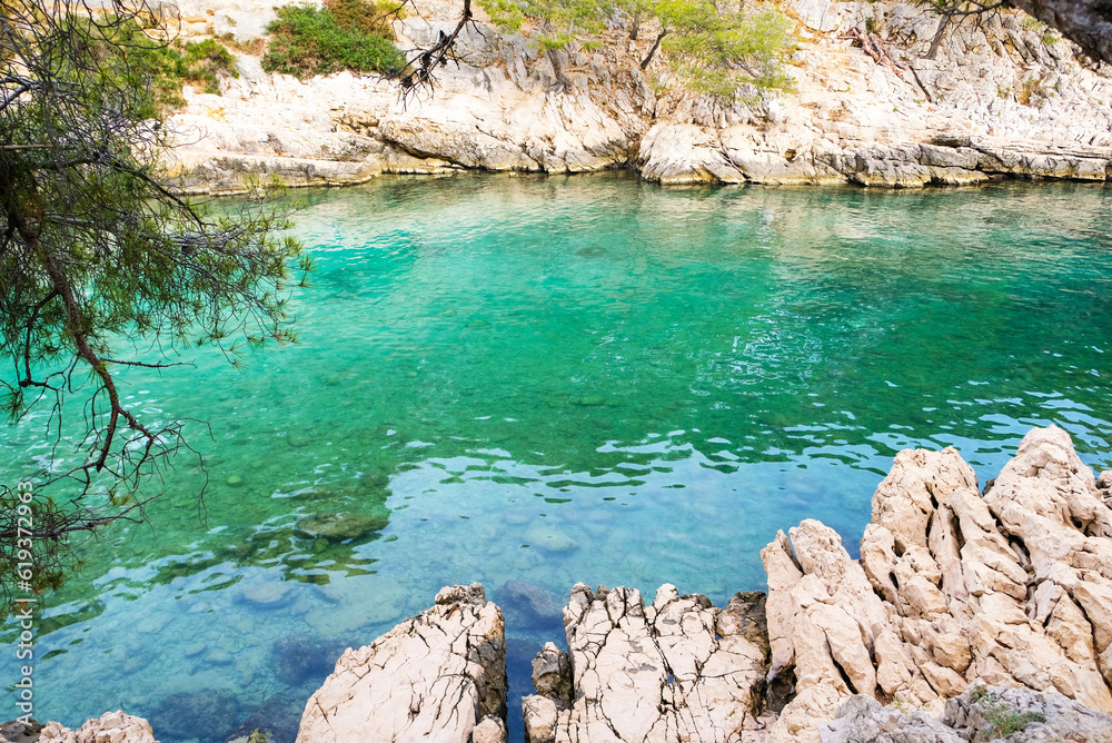 Beautiful wild beach with turquoise water, sea pines and rocky cliffs ...