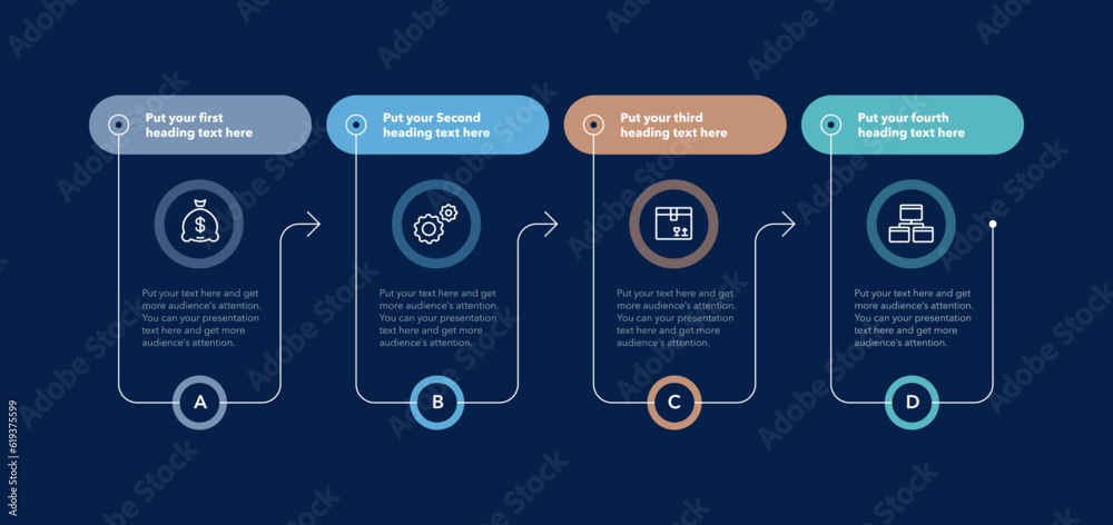Horizontal process infographic template with four options - dark ...