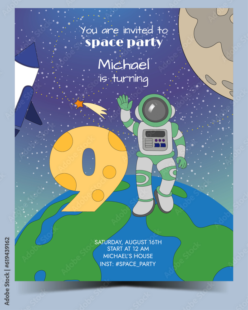 Template birthday invitation 9 years in space concept with planets and ...
