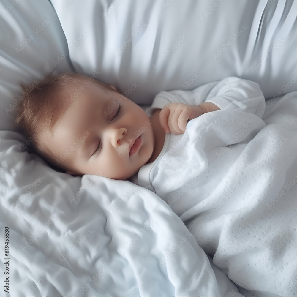 Calm silent adorable baby in white bodysuit sleeping on bed. Cute few ...