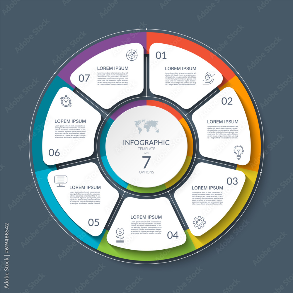 Infographic circle with 7 options, parts. 7-step cycle diagram for ...