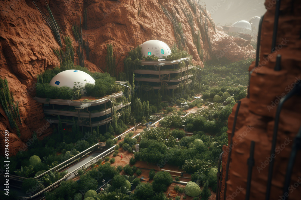 Growing plant in greenhouse on Mars, futuristic fantasy image ...