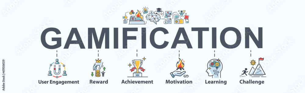Gamification banner web icon for education, engagement, reward, achievement, motivation ...