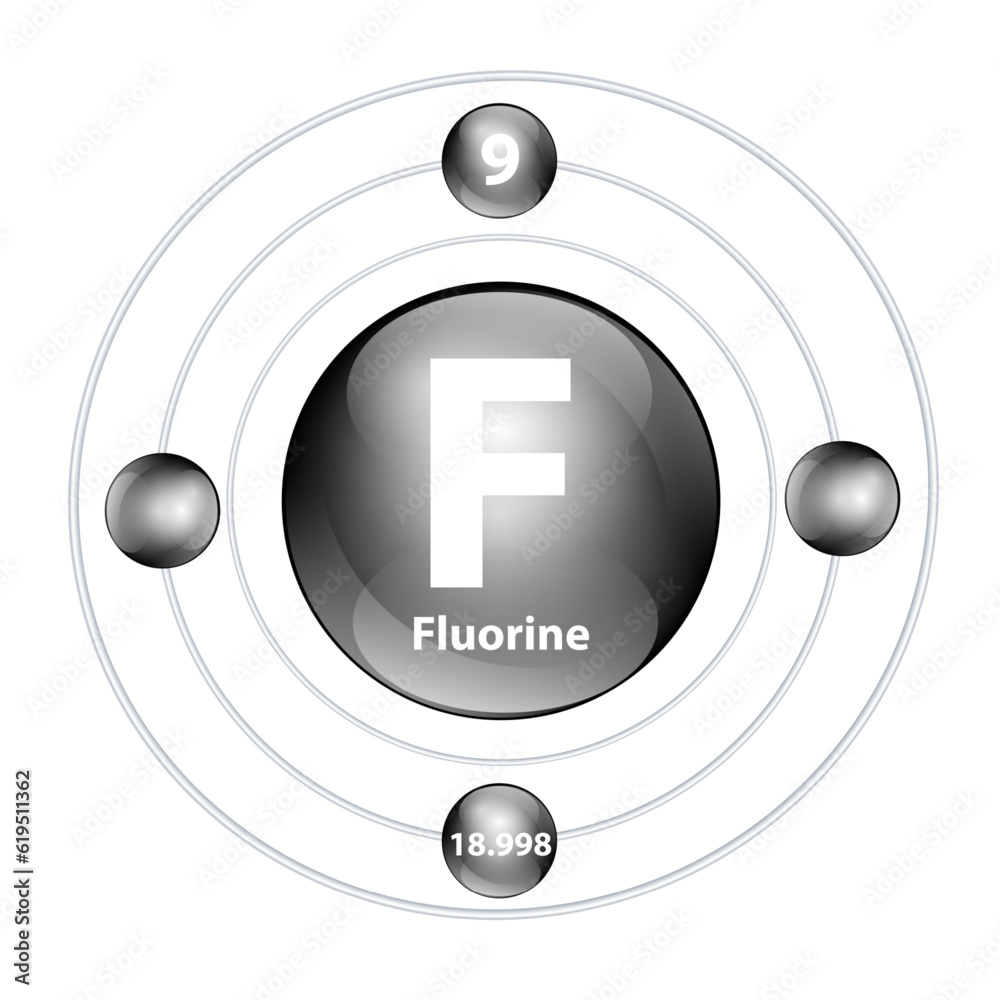 Stock-Vektorgrafik „Icon structure chemical element Fluorine (F) round ...