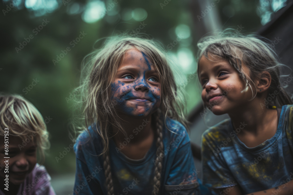 Generative AI illustration of happy blond haired girls covered in paint smiling against blurred ...