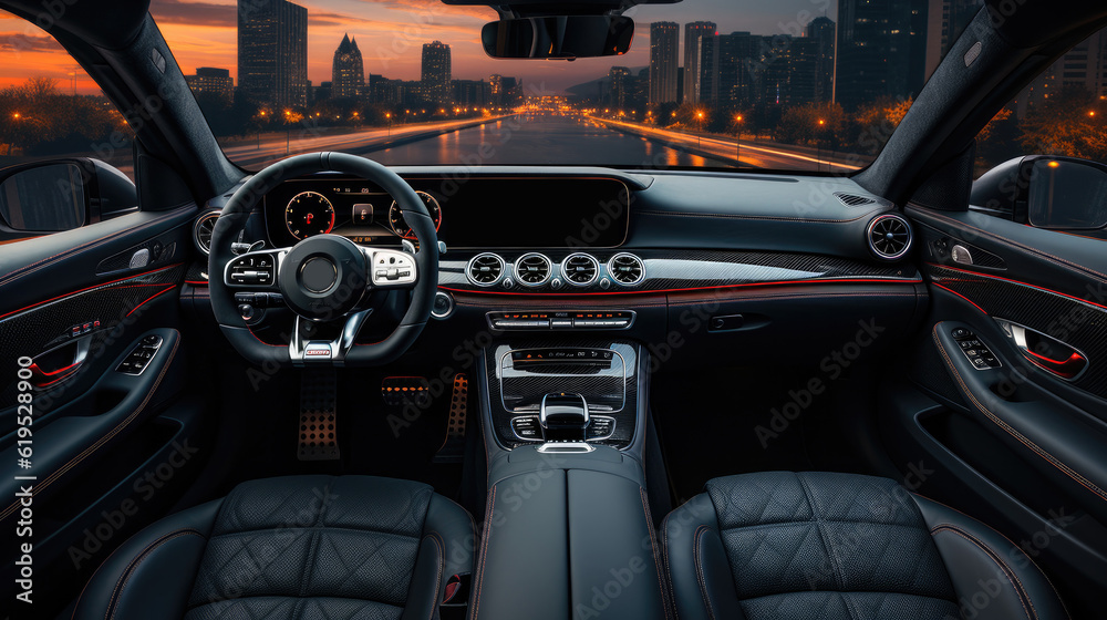 The interior of a prestigious modern carม Front seats with steering ...