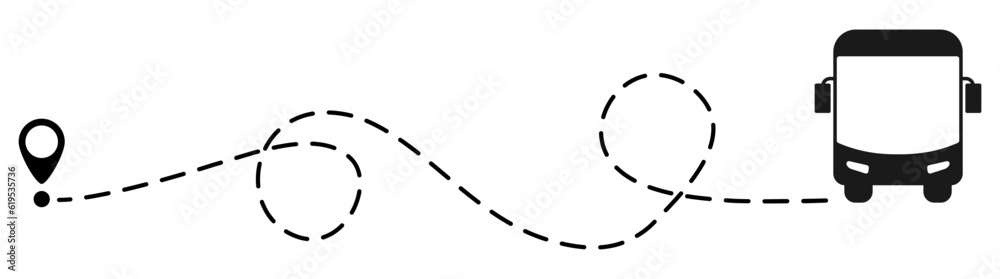 Bus route with location pin. Public transport silhouette driving on ...