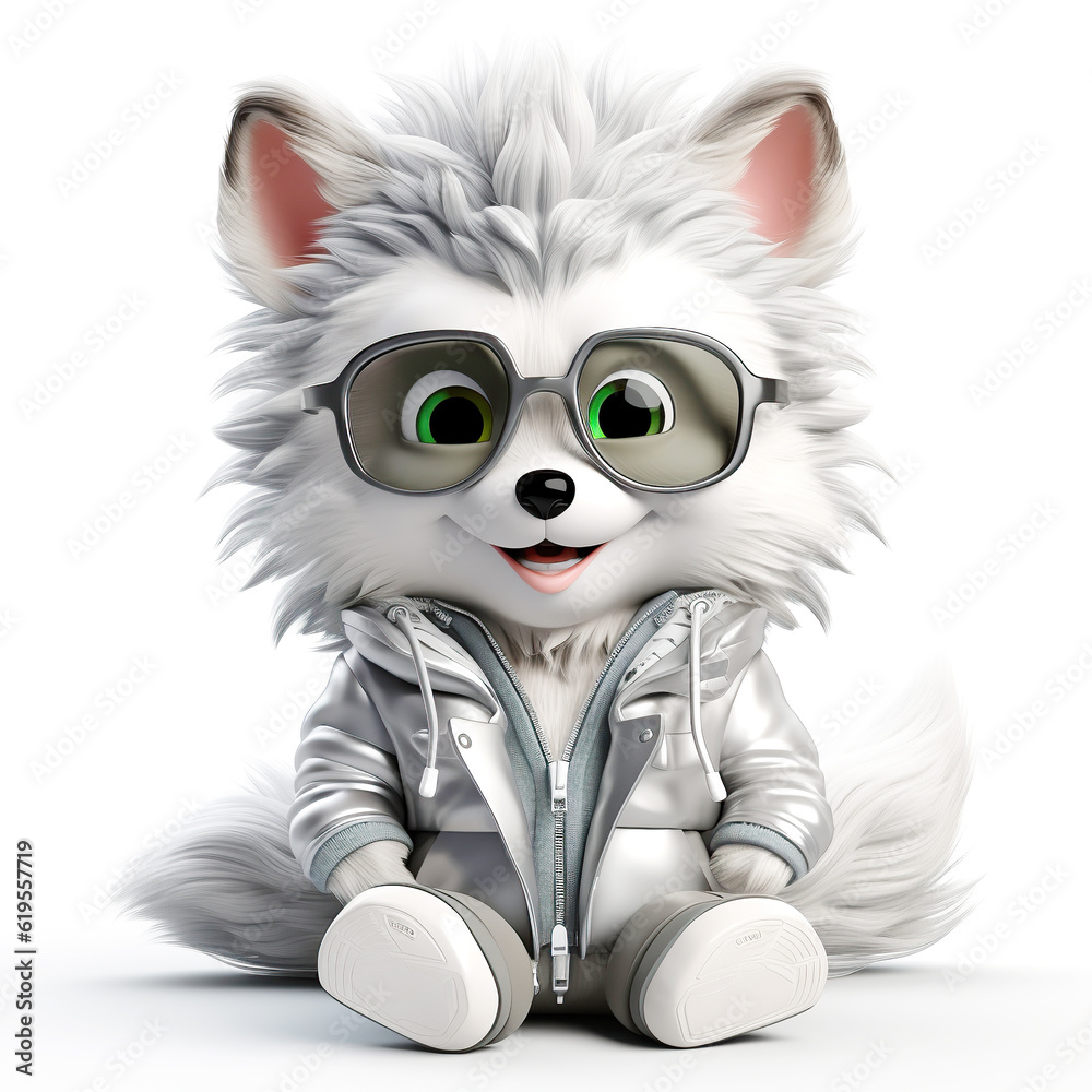 colorful cartoon character wolf cub with two tails wearing sunglasses ...