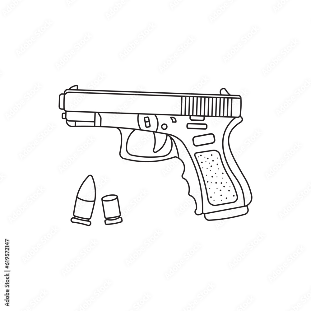 Hand drawn kids drawing Vector illustration black gun and bullets flat cartoon isolated Stock ...