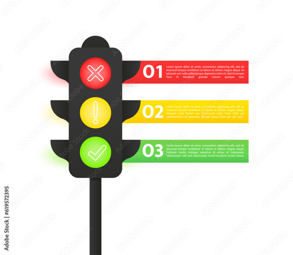Infographic traffic light with symbol in yellow, red, and green color ...