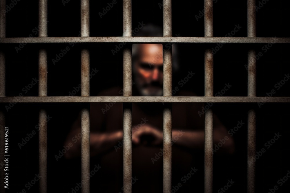 Prison bars of the detention cell and a prisoner on a blurred ...