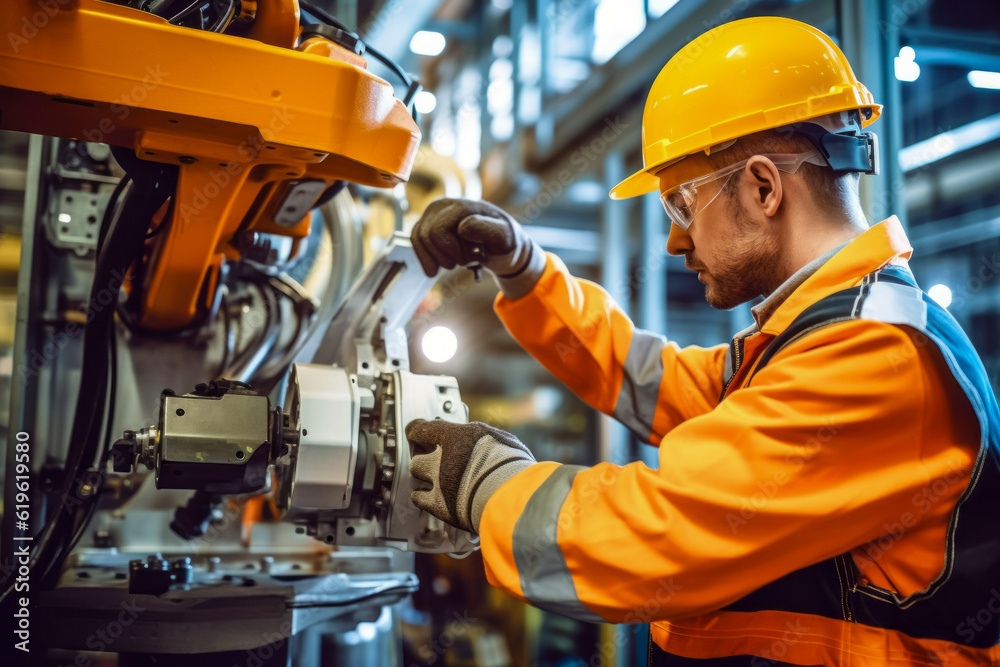 Engineer checking and controlling automated robotic arms in industrial ...