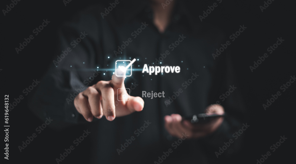 Approve concept. businessman touching check mark to approve document or ...