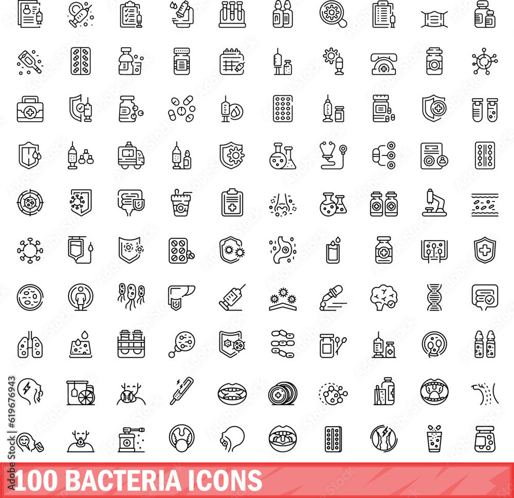 100 bacteria icons set. Outline illustration of 100 bacteria icons ...