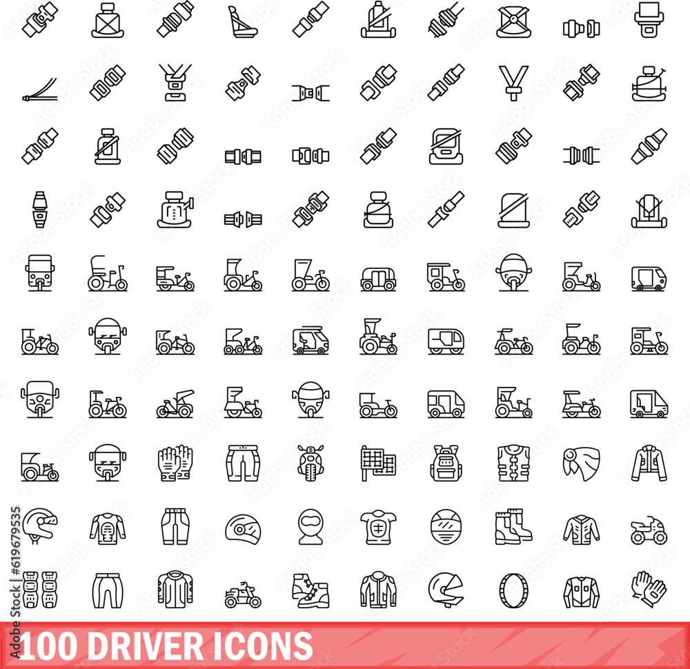 100 driver icons set. Outline illustration of 100 driver icons vector ...