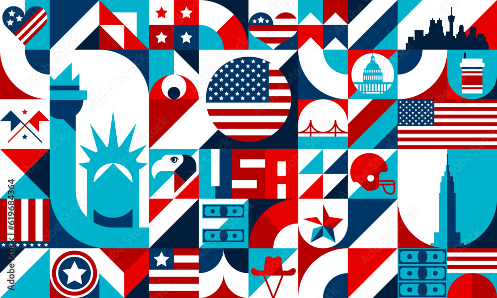 Abstract geometric USA shapes, bauhaus pattern of american travel ...