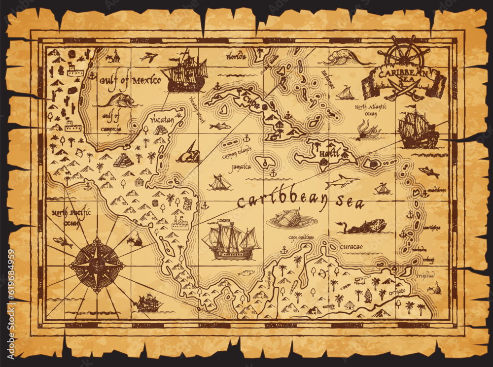 Old antique vintage map of Caribbean Sea. Compass wind rose, sail ships ...