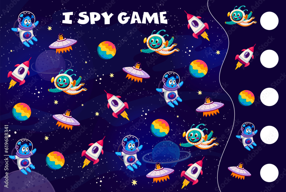 I spy game worksheet. Cartoon aliens and ufo in outer space. Kids ...