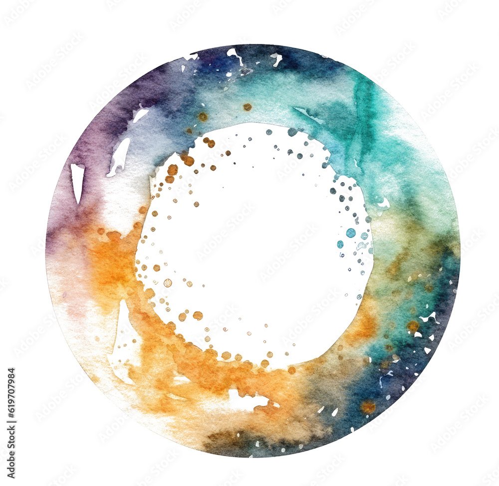 Round frame painted with watercolors with empty copy-space inside ...