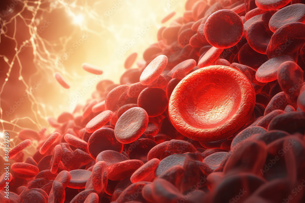 Human Red round blood cells under the microscope. Leukocytes defenders ...