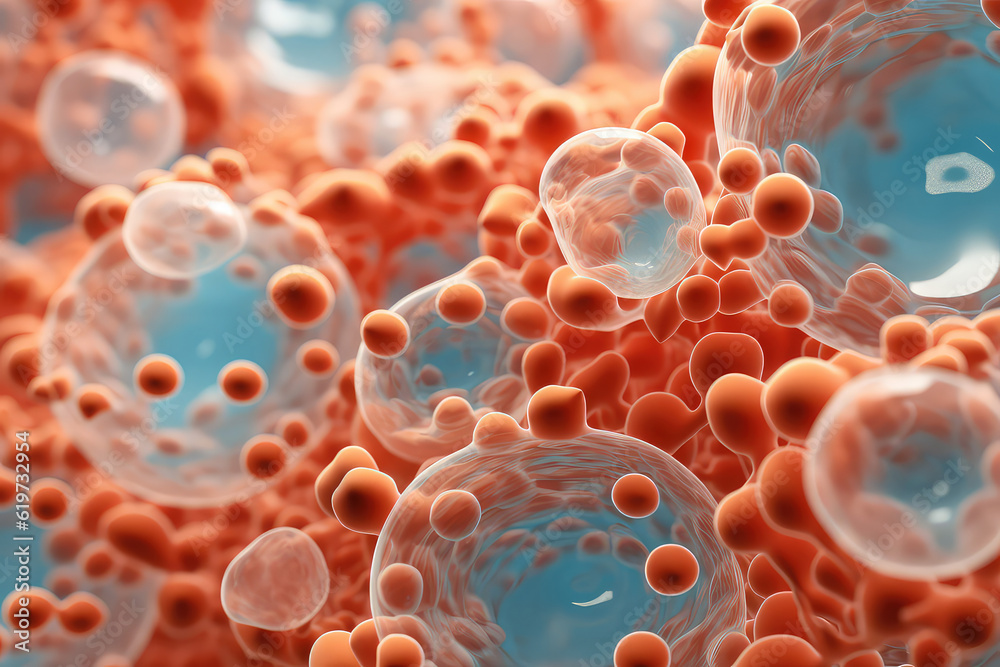 Illustration Stock Beautiful body cells under the microscope in red and ...